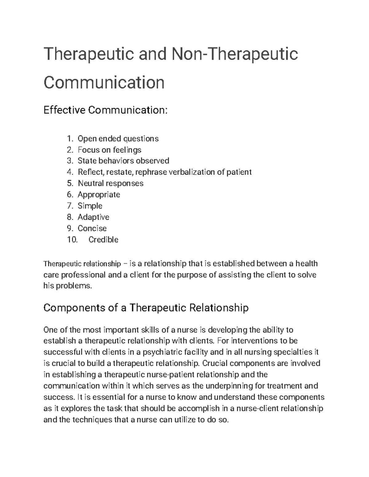 Therapeutic and Non-Therapeutic Communication - Therapeutic and Non ...