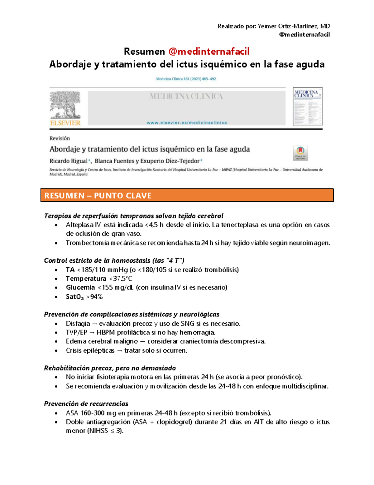 Resumen ACV Isquémico en Fase Aguda - Yeimer MD - Studocu