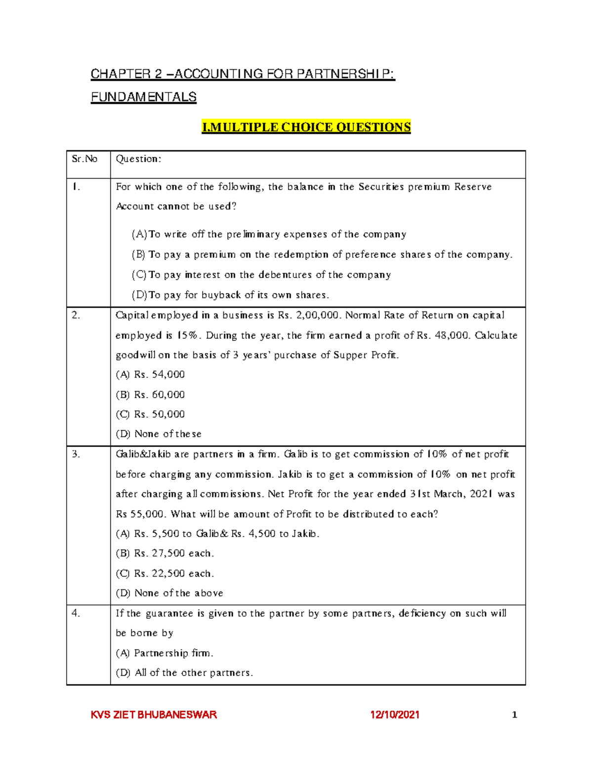 CHAPTER 2: PARTNERSHIP FUNDAMENTALS - MCQs (ACCT 12) - Studocu