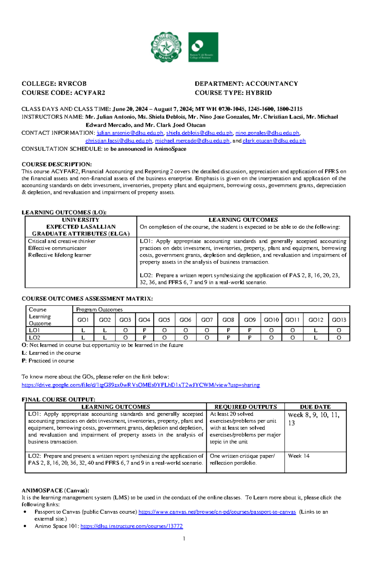 Acyfar 2 Syllabus T3 AY2324 - Hybrid - COLLEGE: RVRCOB DEPARTMENT: ACCOUNTANCY COURSE CODE ...