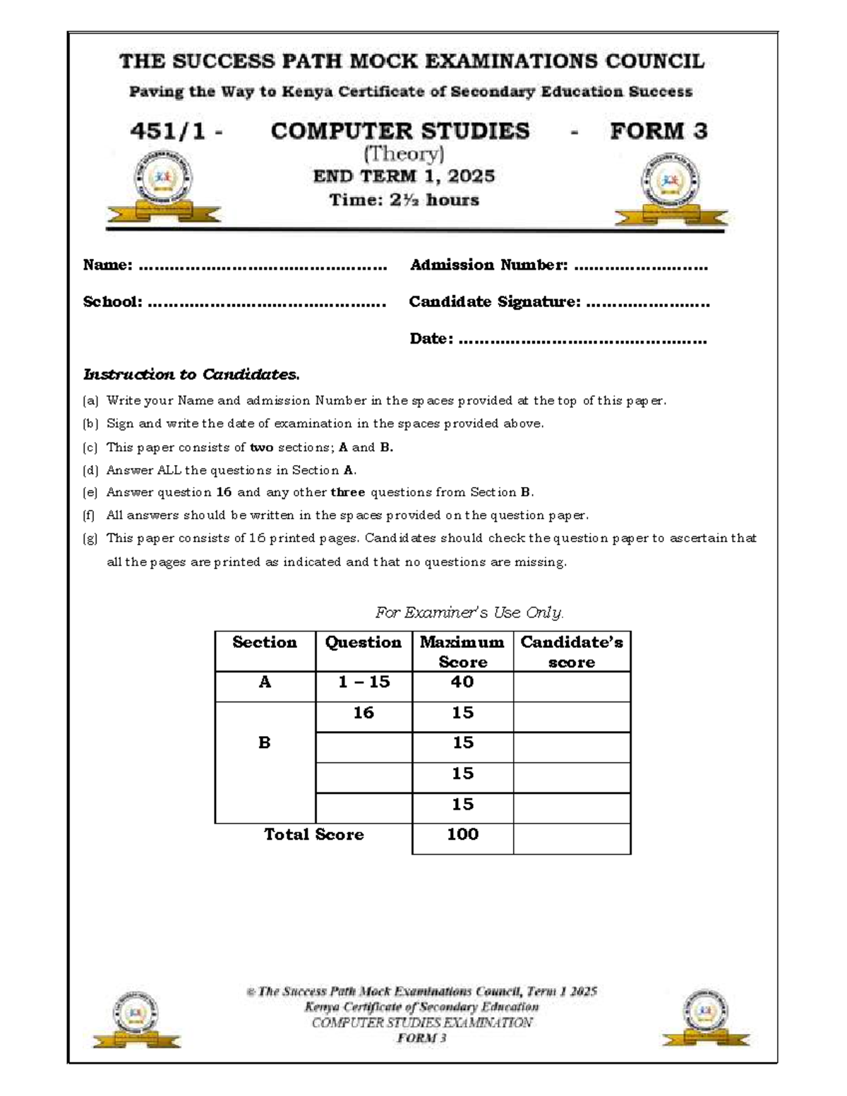 Computer FORM 3 ET 1 2025: Admission Instructions & Exam Guidelines ...