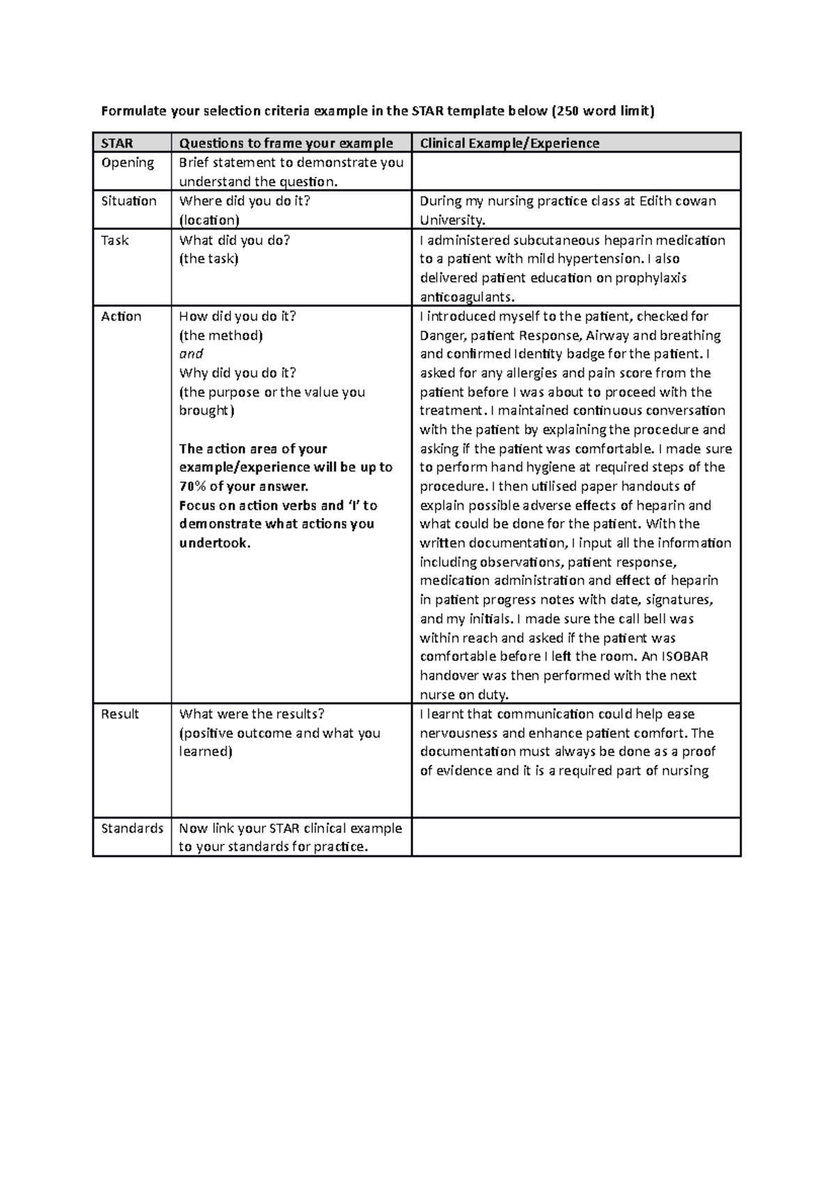 STAR Framework Template for Clinical Experience Analysis - Studocu