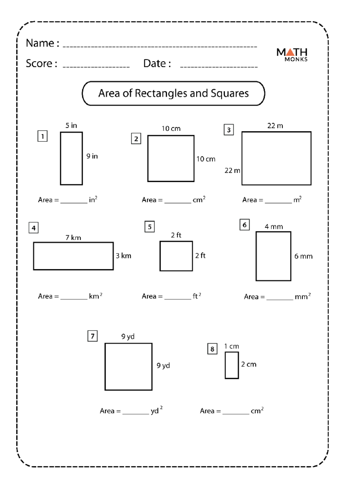 Area of Rectangles and Squares Worksheet - Bachelor of Secondary ...