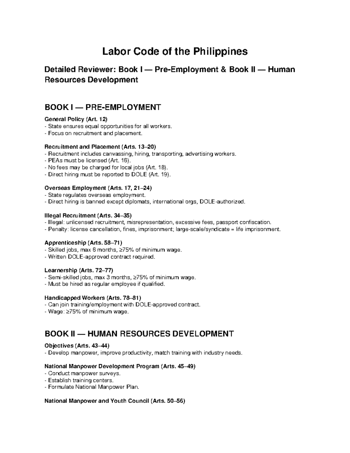 Labor Code of the Philippines Reviewer: Book I & II Overview - Studocu