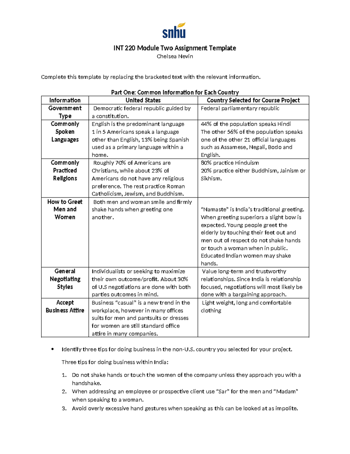 INT 220 Cultuare Comparisons - INT 220 Module Two Assignment Template ...