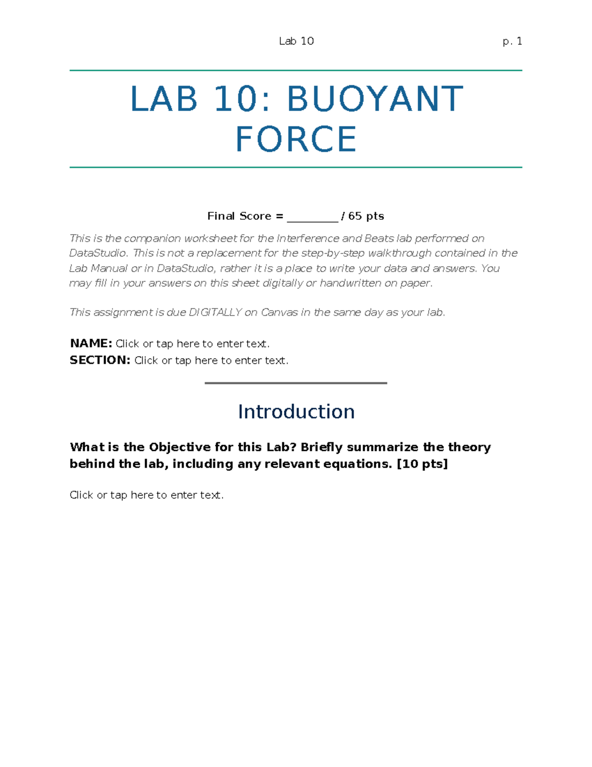 Lab10 Buoyant Force Worksheet vf - LAB 10: BUOYANT FORCE Final Score ...