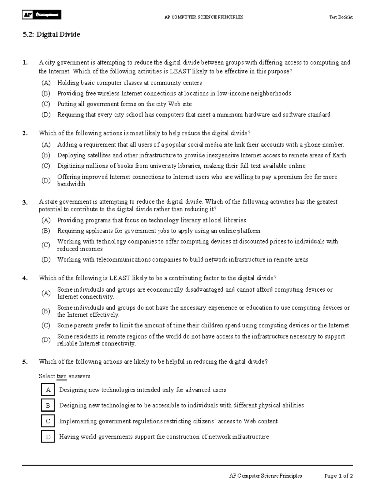 5.2 AP Computer Science Principles: Digital Divide Discussion Questions ...