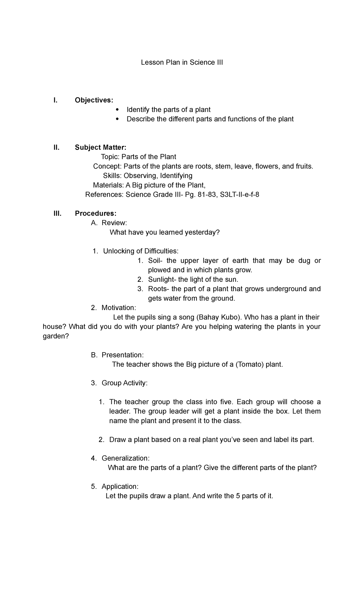 Science II Lesson Plan: Exploring the Parts of a Plant - Studocu