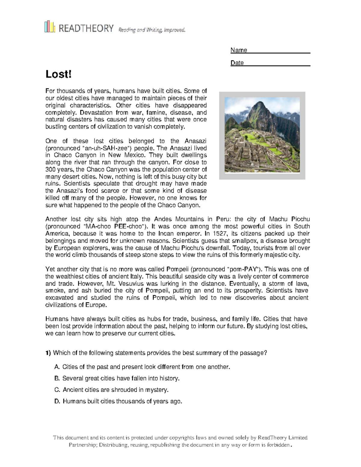 8th Grade English - Lost Cities: Chaco Canyon, Machu Picchu, Pompeii ...