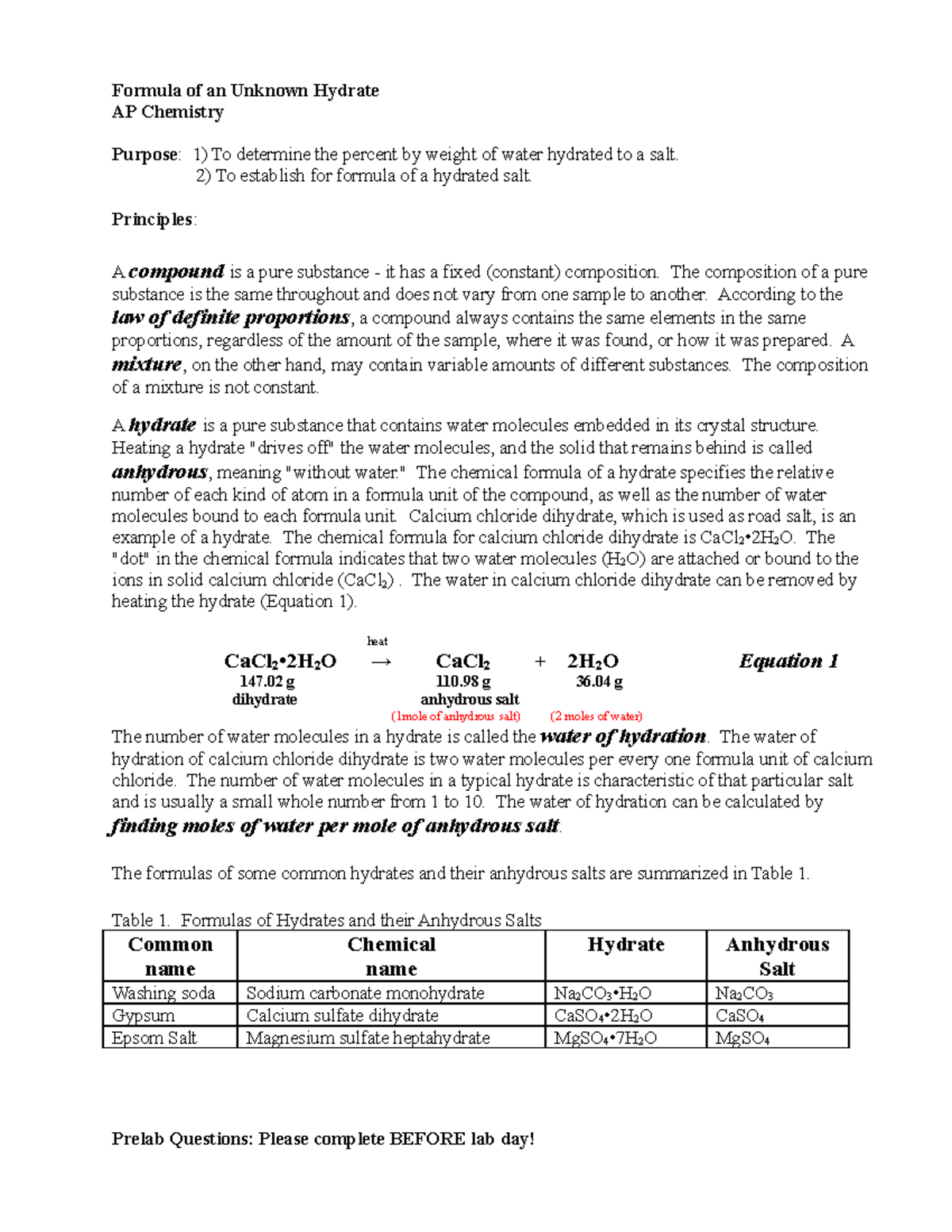 Hydrate Lab Inquiry Notes - AP Chemistry Research and Analysis - Studocu