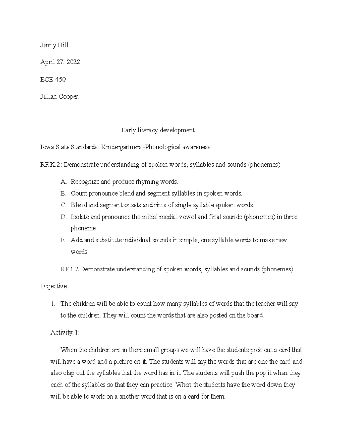 ECE 450 Early Literacy Development: Phonological Awareness Activities ...