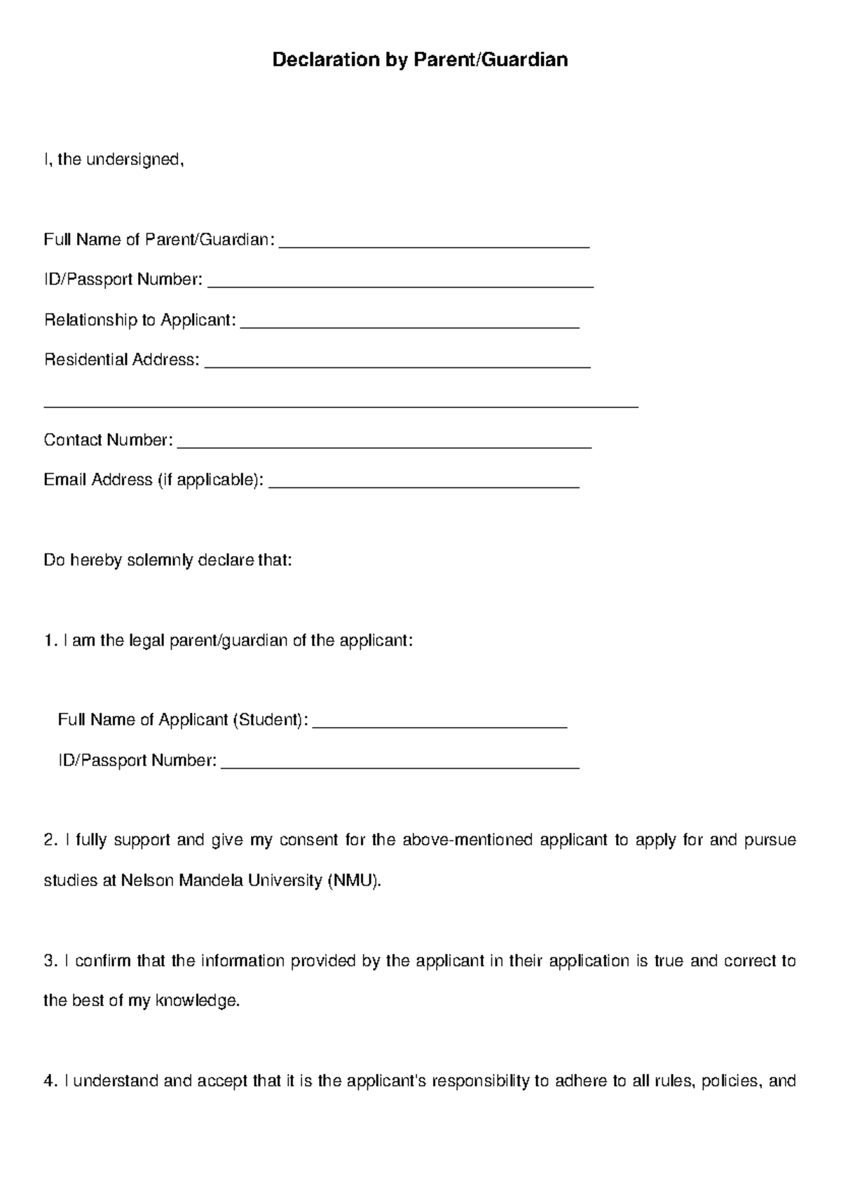 Declaration by Parent for NMU Application Support - Studocu