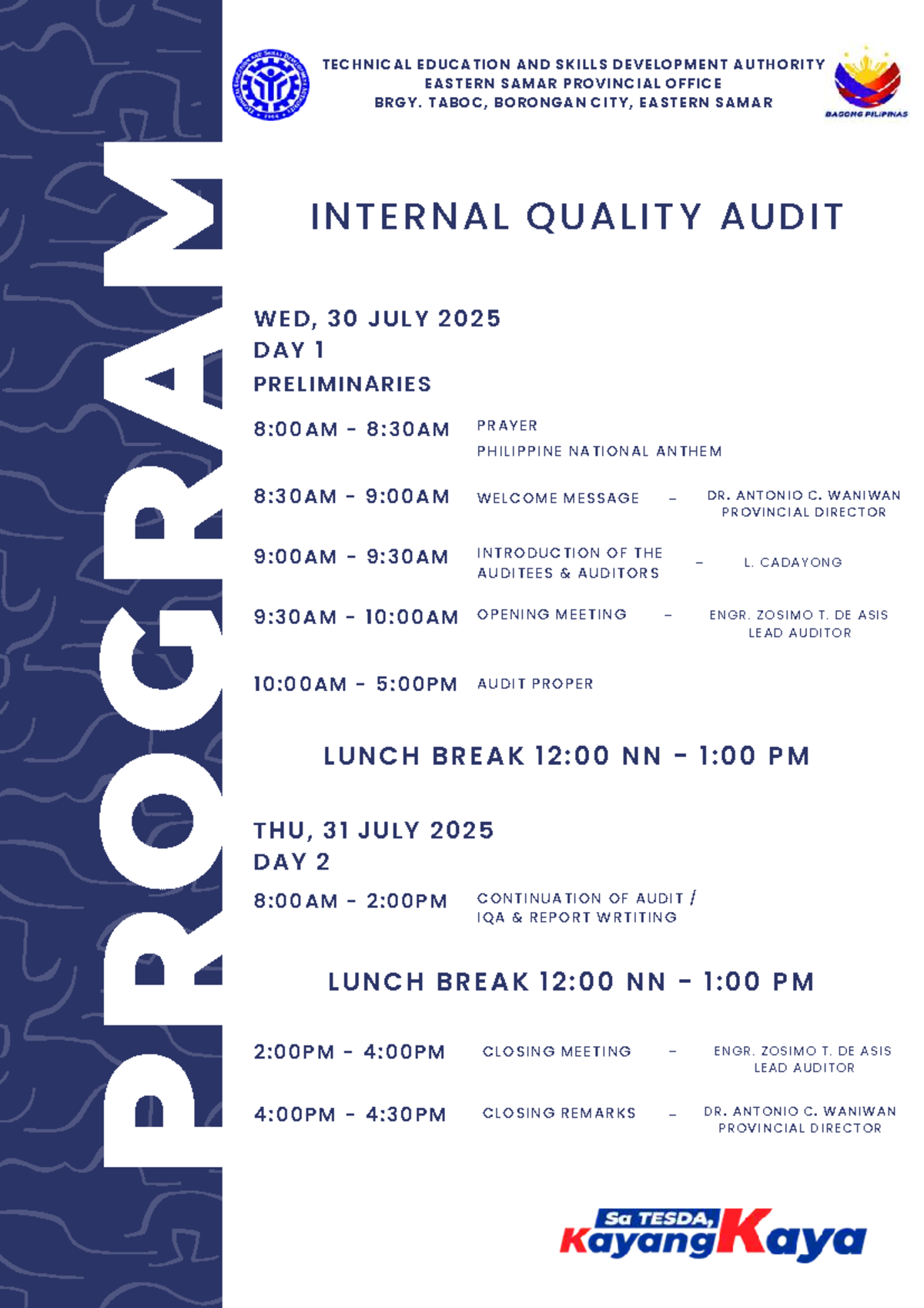 Internal Quality Audit Schedule - Eastern Samar (Day 1 & 2) - Studocu