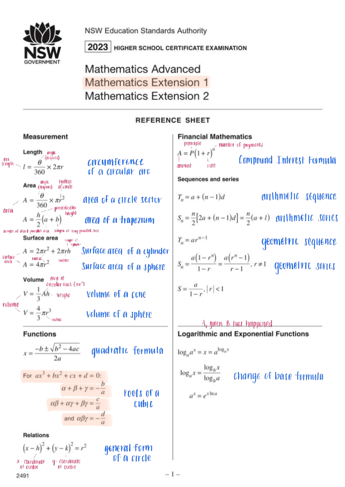 2023 NSW HSC Exam: Annotated Reference Sheet for Mathematics - Studocu