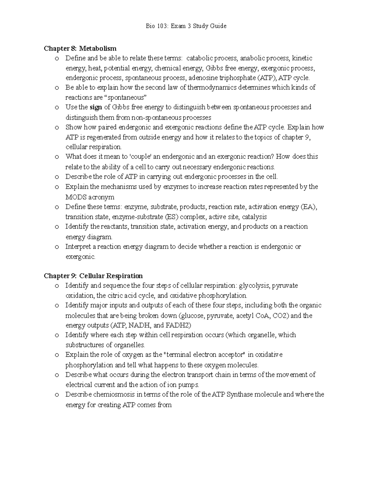 Bio 103: Exam 3 Study Guide on Metabolism, Cellular Respiration ...