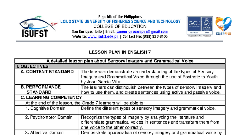 Lesson Plan in English 7: Sensory Imagery & Grammatical Voice - Studocu