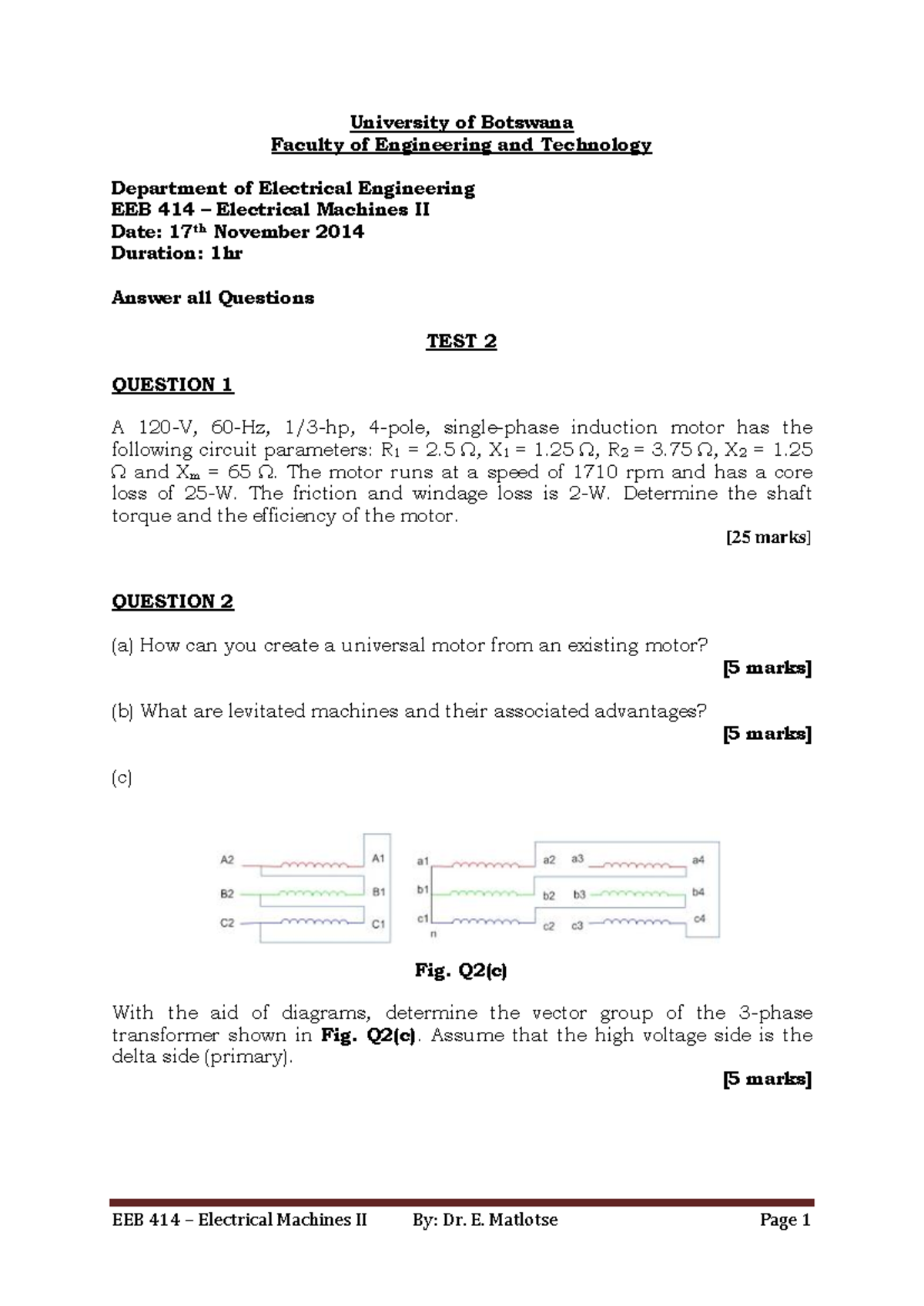 EEB 414 Test 2 2014 - Electrical Machines II Analysis - Studocu