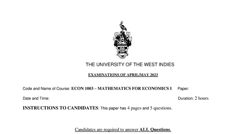 Final Exam - May 2023 - ECON 1003 Mathematics for Economics I - Studocu