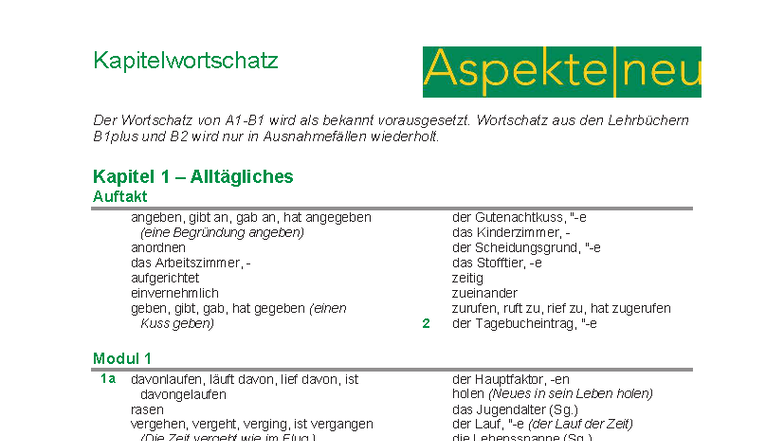 Aspekte neu C1: Kapitelwortschatz Übersicht und Übungen - Studocu