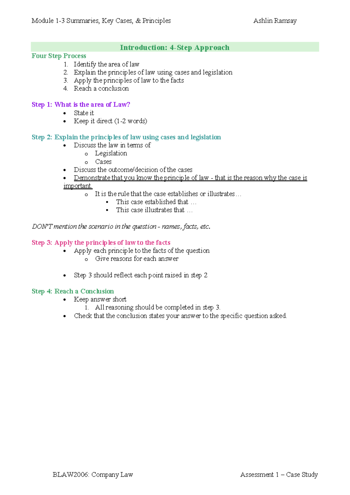BLAW2006: Company Law Assessment 1 - Module 1-3 Summary & Key Cases ...