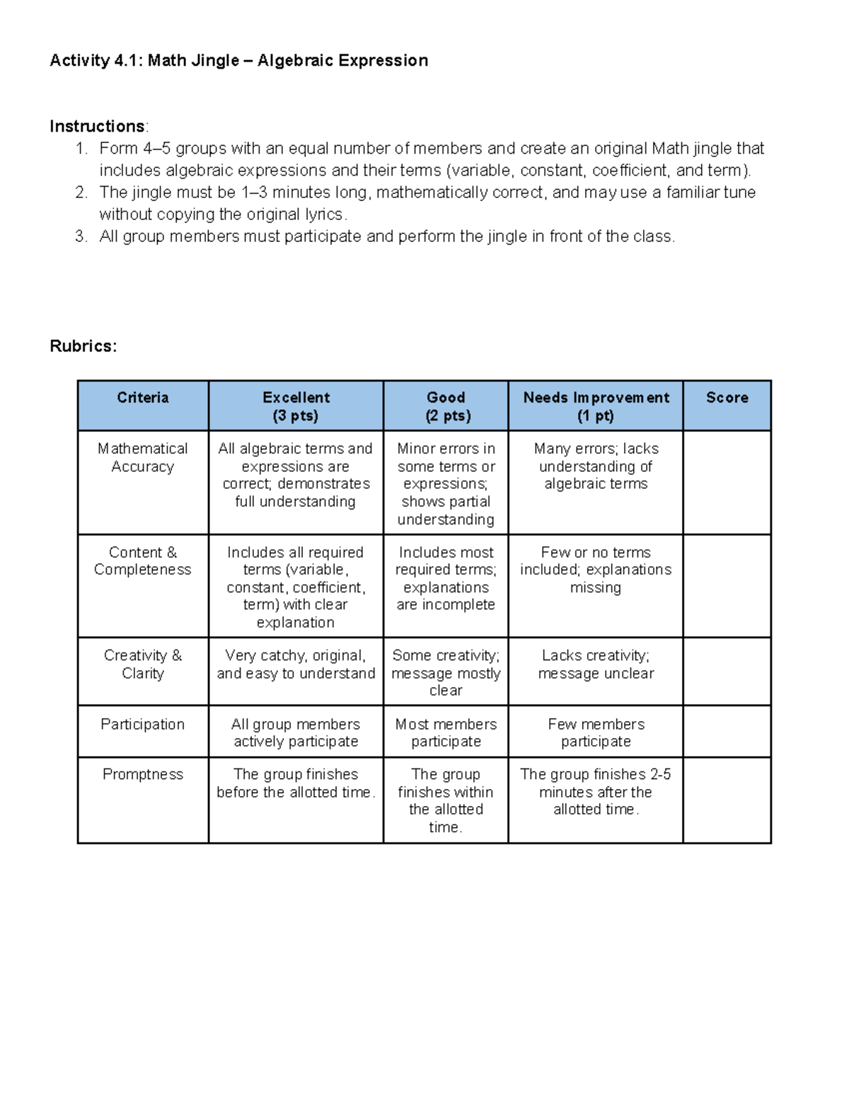 Activity 4.1: Creating a Math Jingle for Algebraic Expressions - Studocu