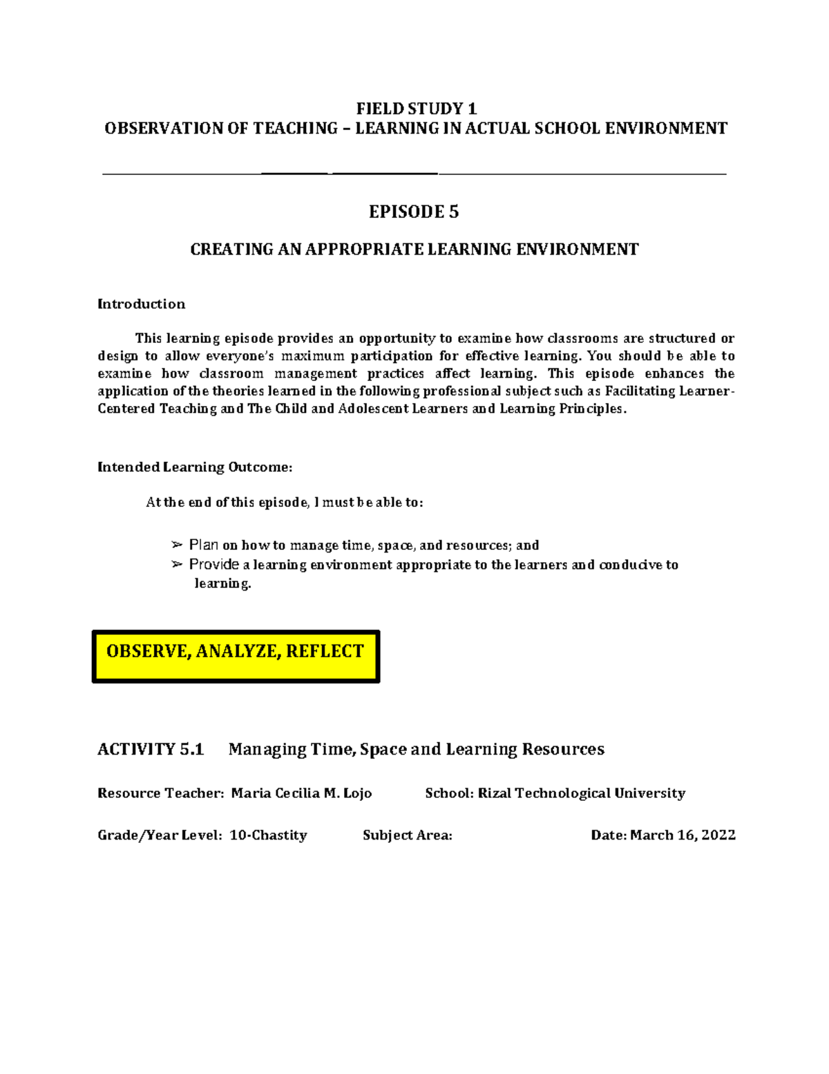 FIELD STUDY 1 Episode 5 TO EPISODE 7 WITH ANSWERS - FIELD STUDY 1 ...