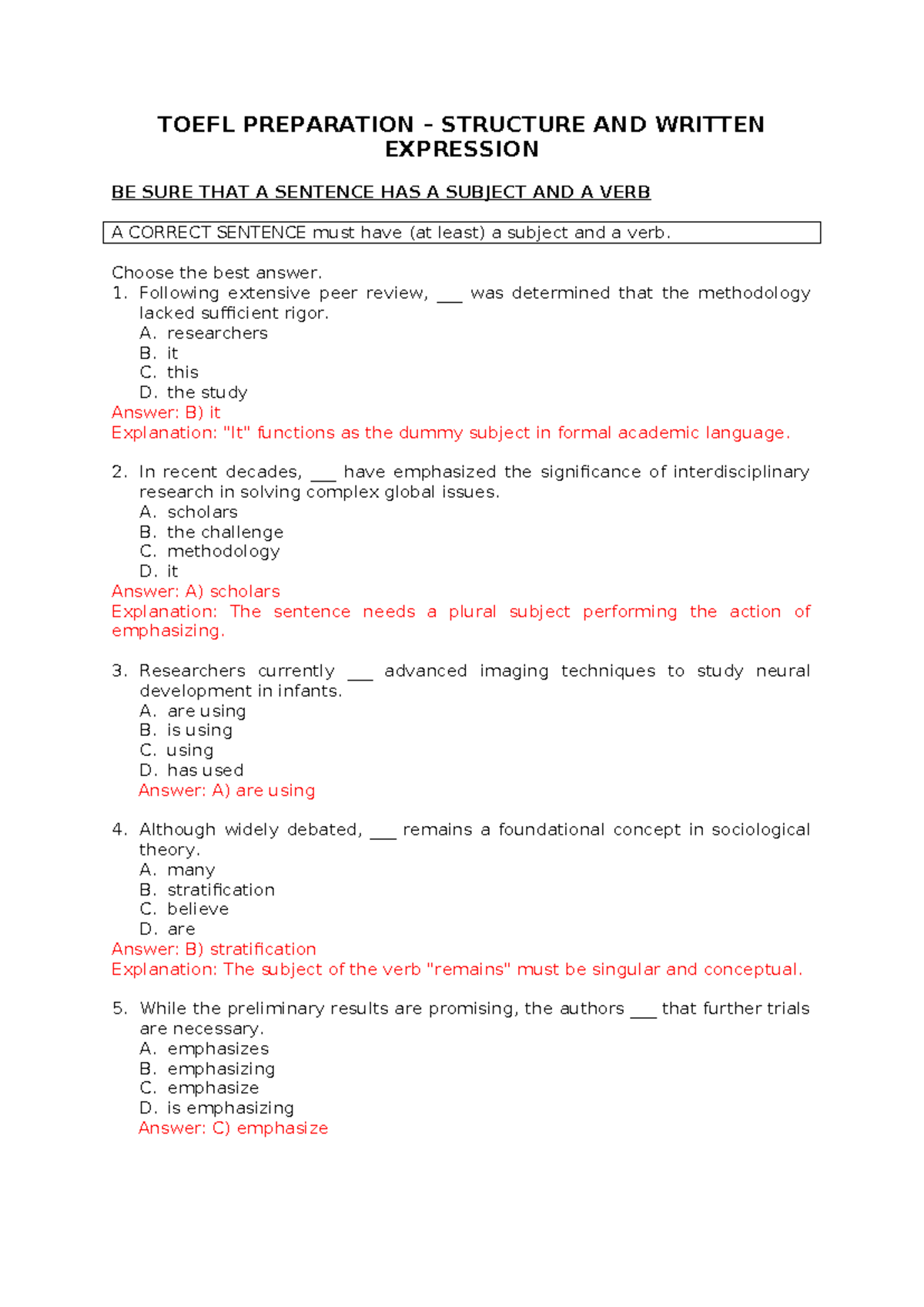 TOEFL PREPARATION: STRUCTURE & WRITTEN EXPRESSION EXERCISES - Studocu