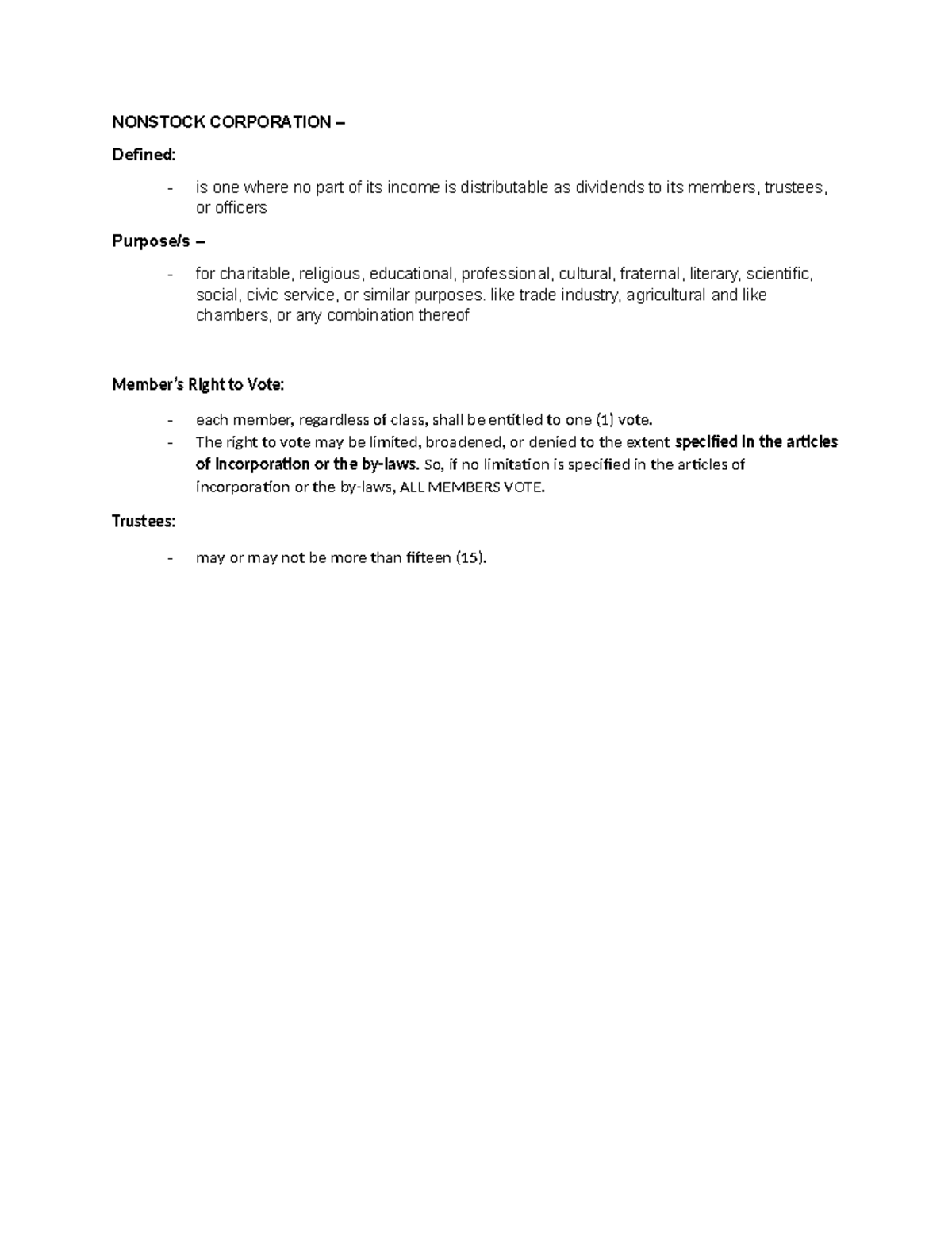 Nonstock Corporations: Definition, Voting Rights, and Trustees - Studocu