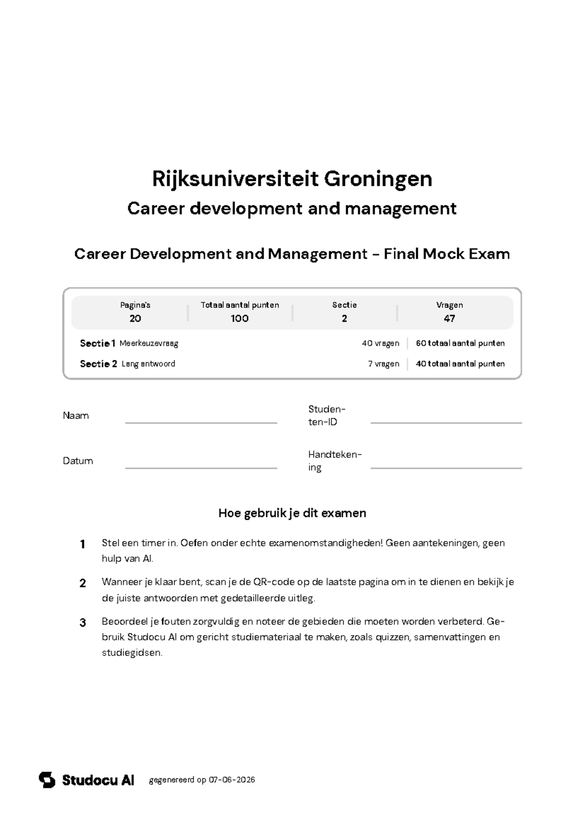 Career Development and Management - Final Mock Exam - Studeersnel
