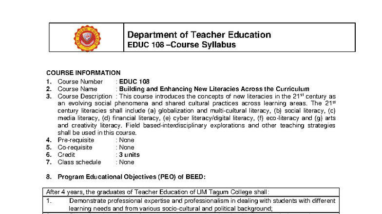 EDUC 108 BEED Building and Enhancing New Literacies Across the Curriculum 1 - EDUC 108 – Course ...