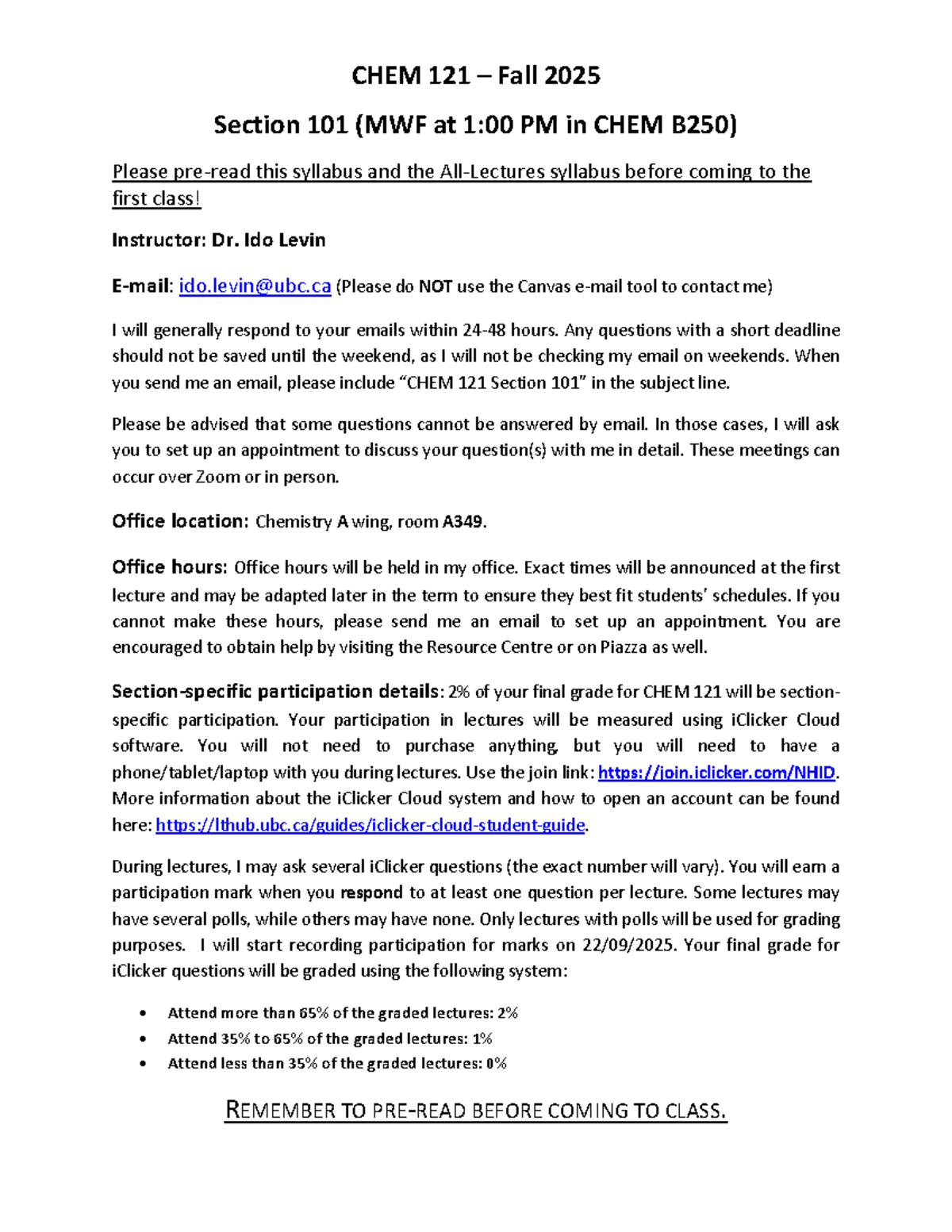 CHEM 121 Fall 2025 Syllabus for Section 101 (MWF 1 PM) - Studocu