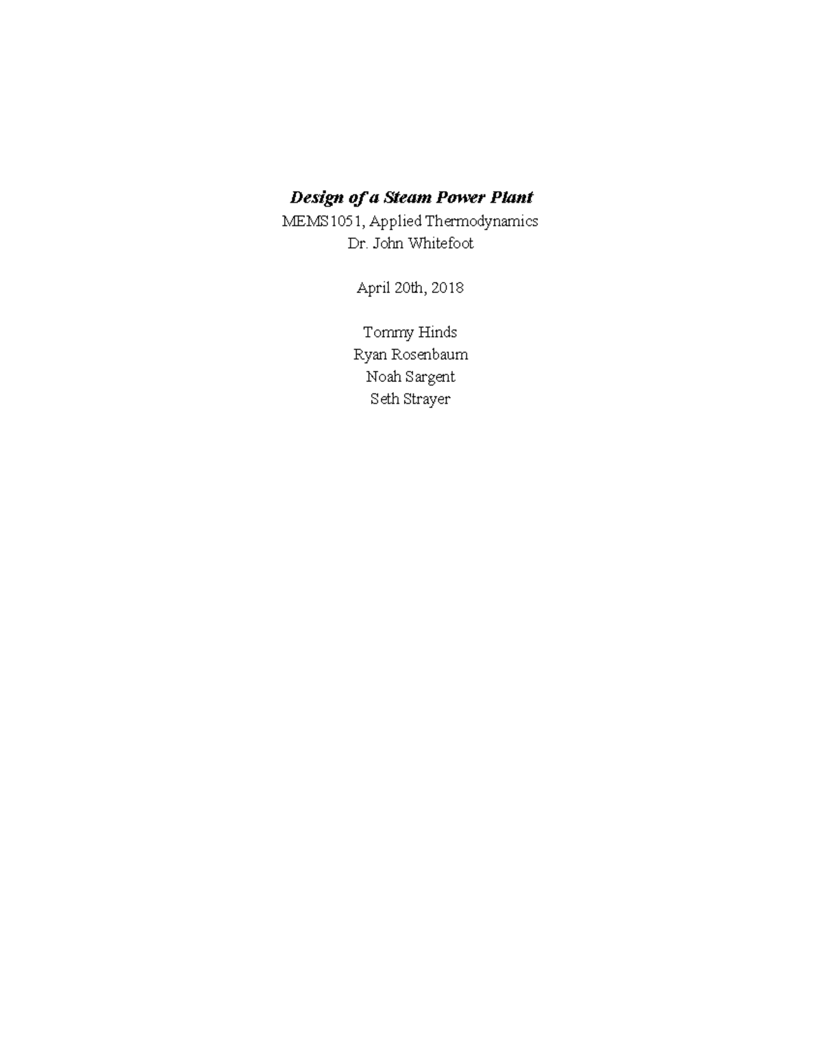 Design of a Steam Power Plant - Design of a Steam Power Plant MEMS1051 ...