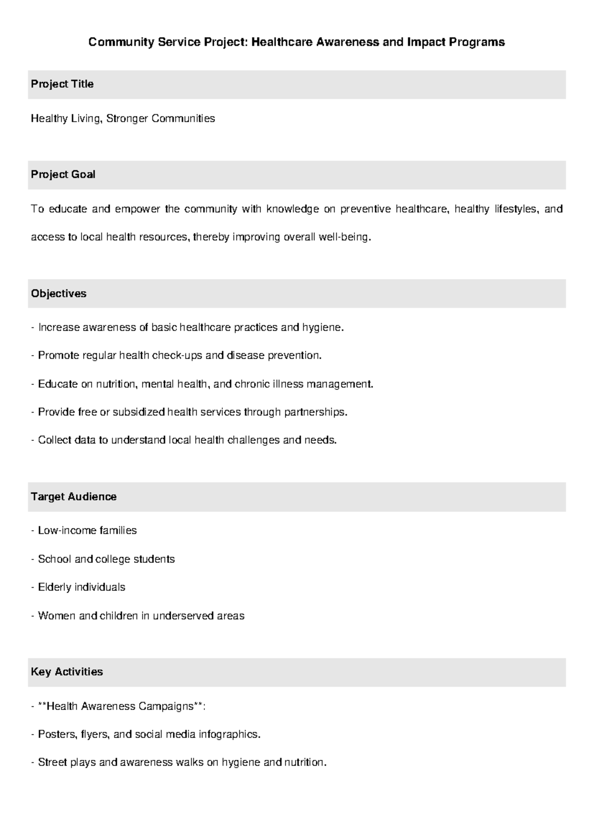 Healthcare Awareness Community Service Project: Empowering Healthy ...