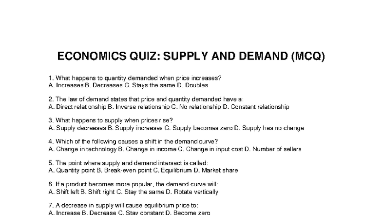 ECON 101: Supply and Demand Quiz (MCQ) - Studocu