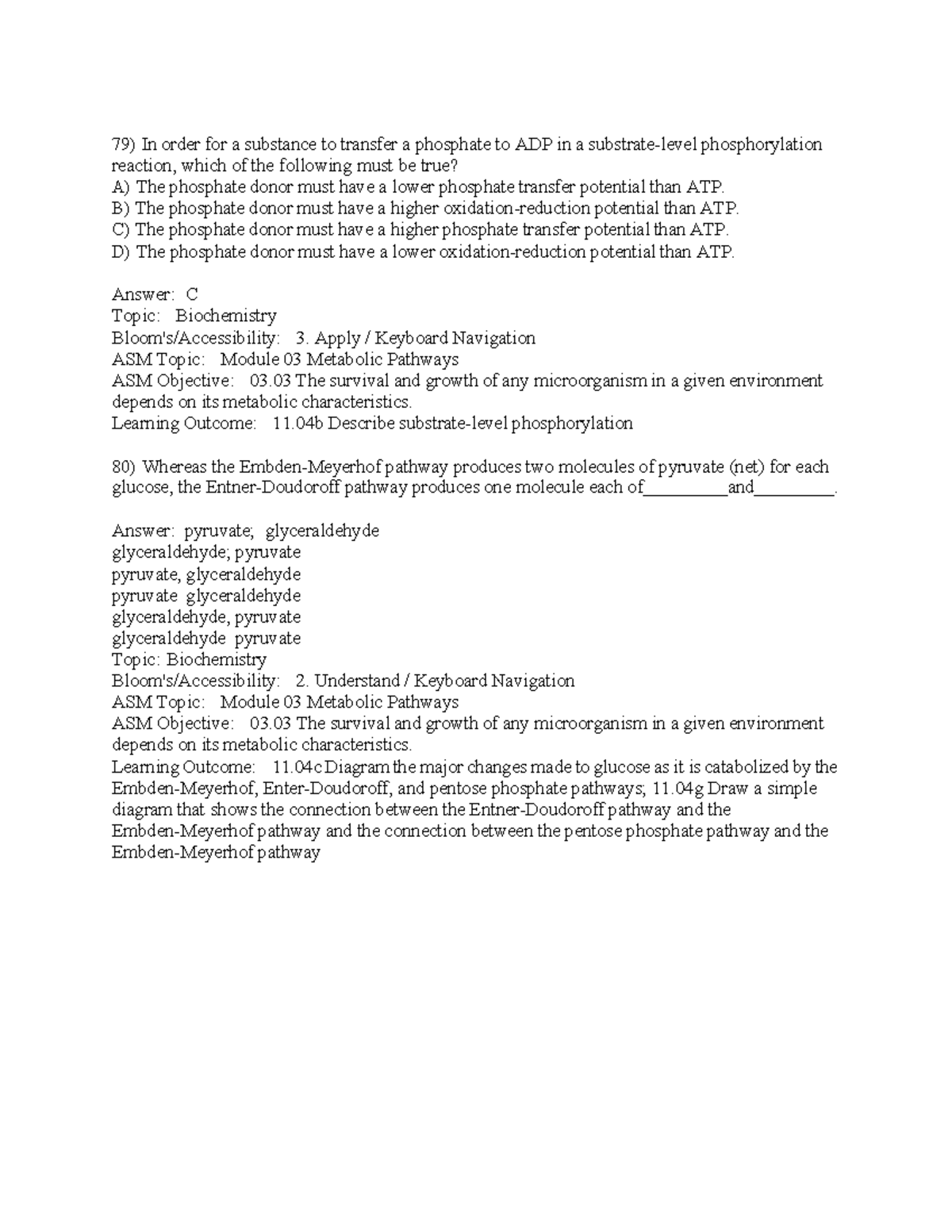 Biochemistry 3: Phosphorylation & Metabolic Pathways Test Bank - Studocu