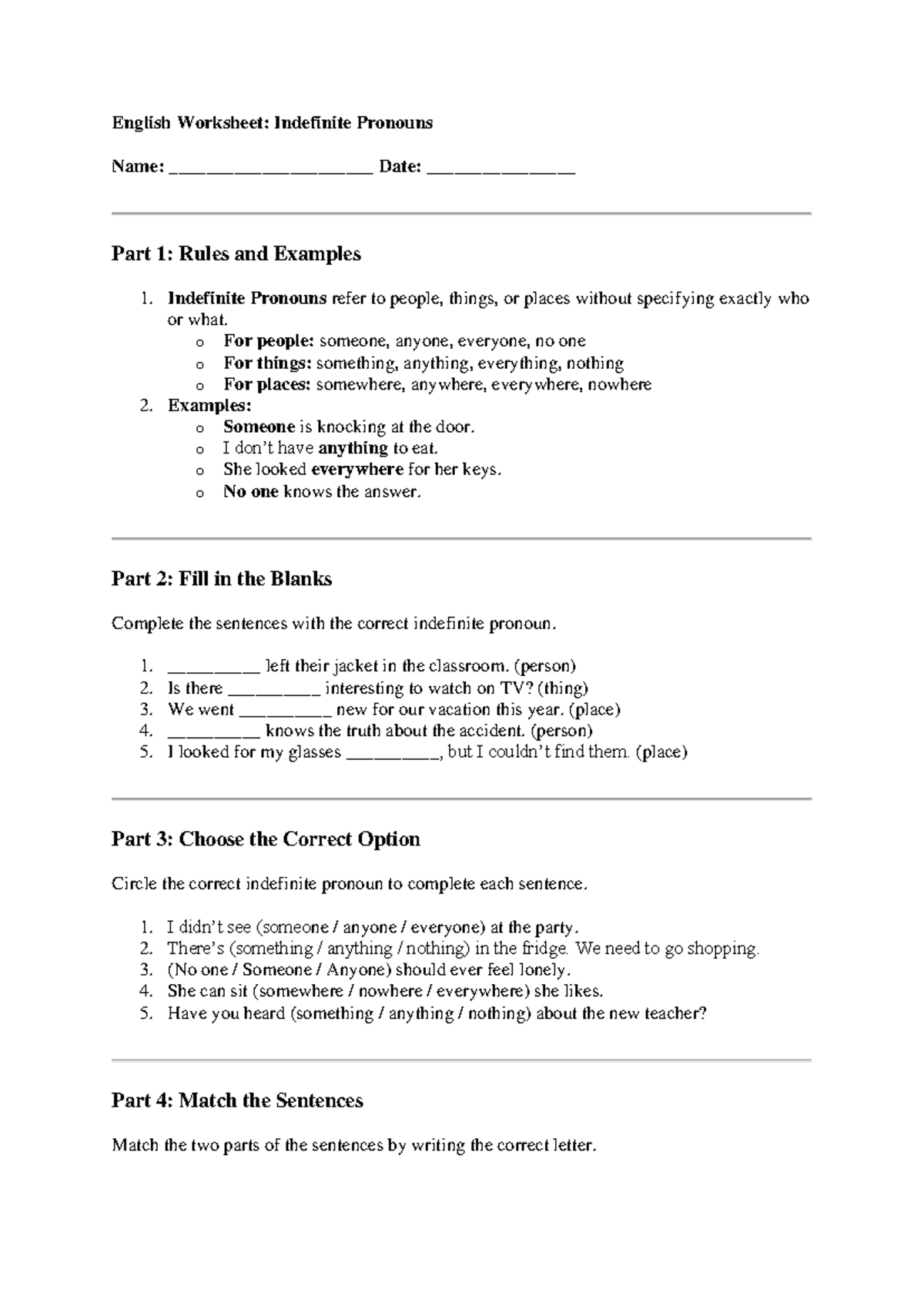English Worksheet - Indefinite Pronouns Overview - Studocu