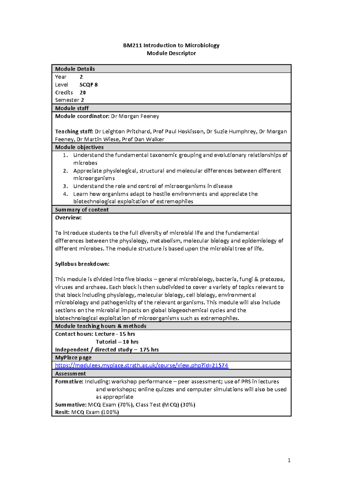 Final BM211 Microbiology Module Descriptor 2024-2025 - Studocu