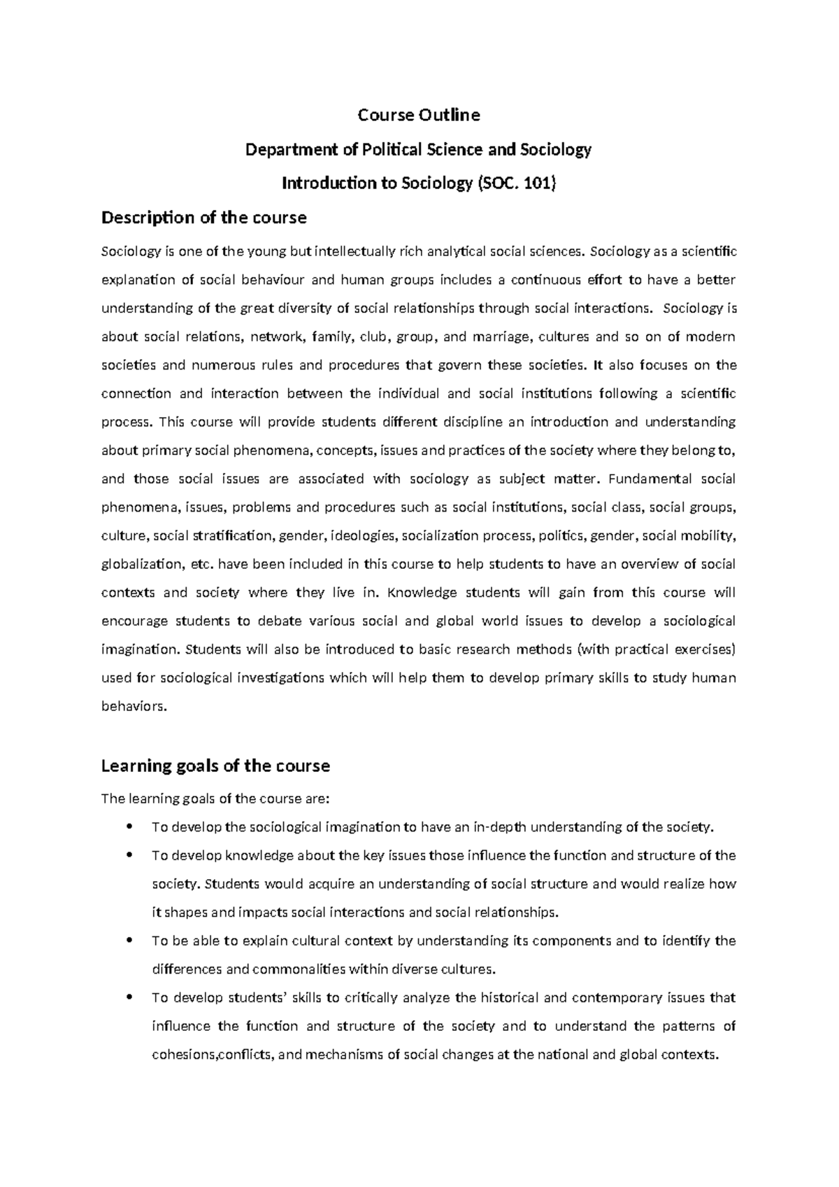Course Outline for Introduction to Sociology (SOC 101) - Studocu