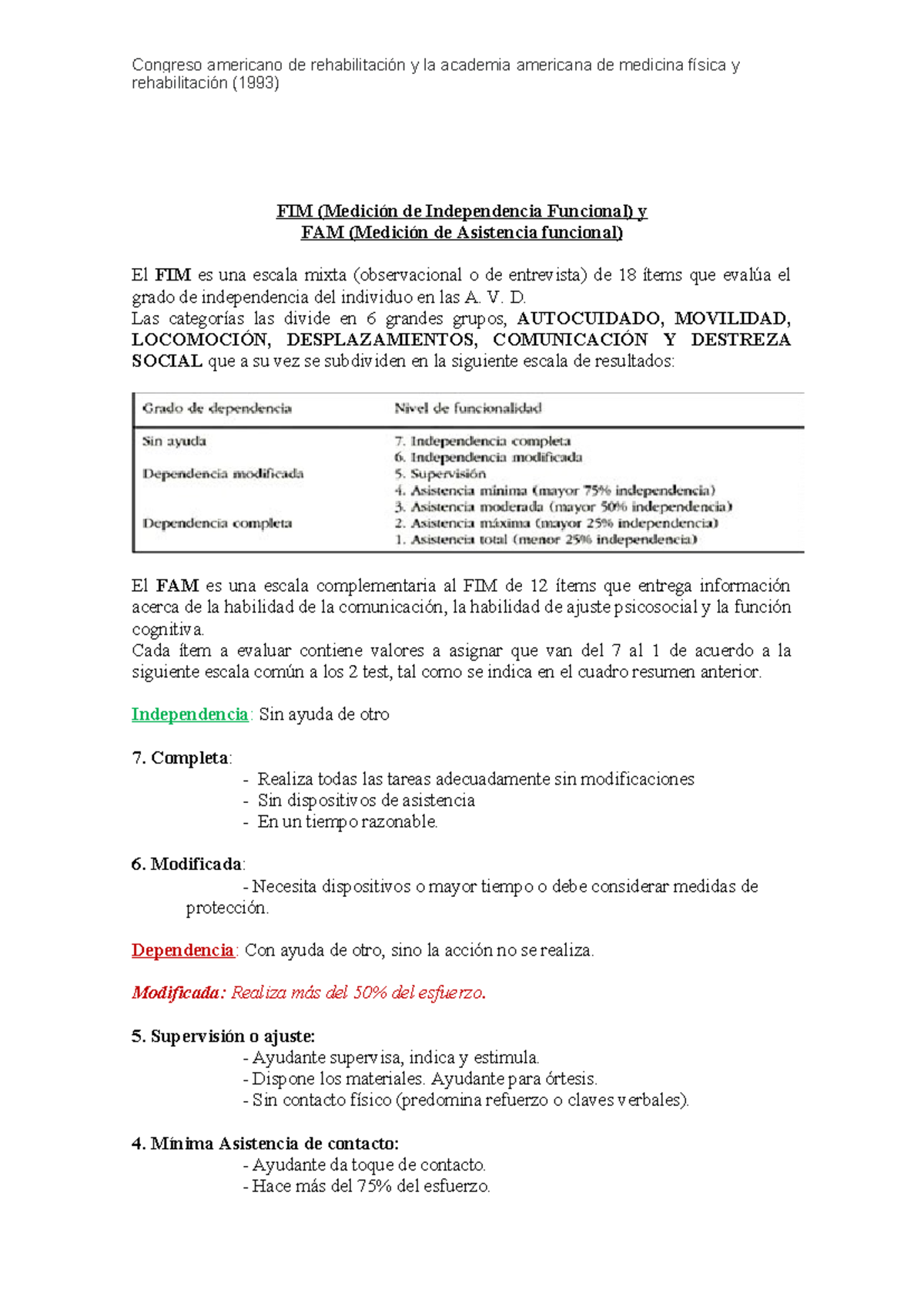 FIM y FAM: Evaluación de Independencia Funcional y Asistencia - Studocu