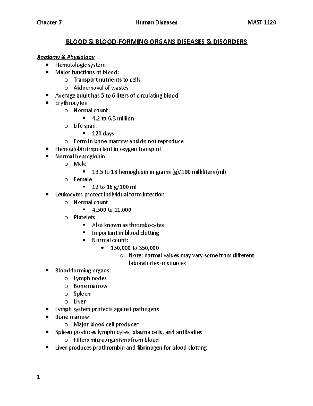 Ch. 7 Notes - 1120 - Blood & Blood-Forming Organ Diseases & Disorders ...