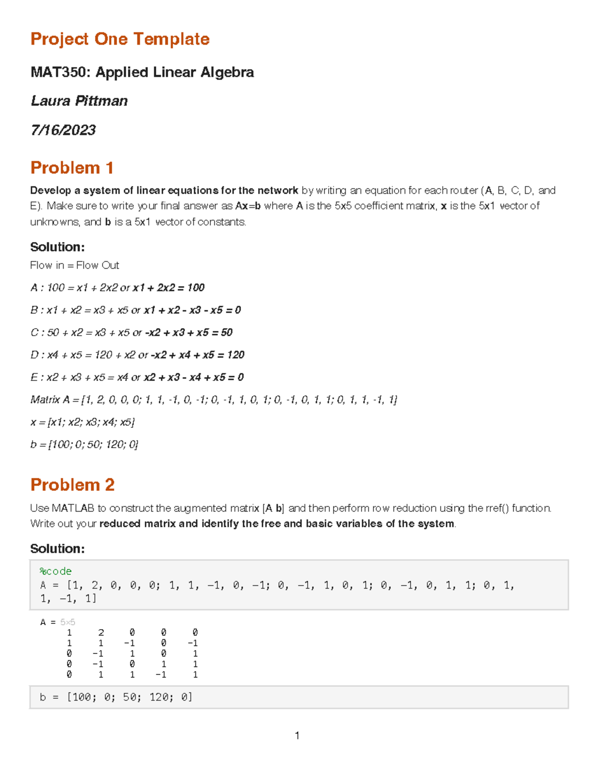 MAT 350 Applied Linear Algebra Project One: Solving Linear Systems ...