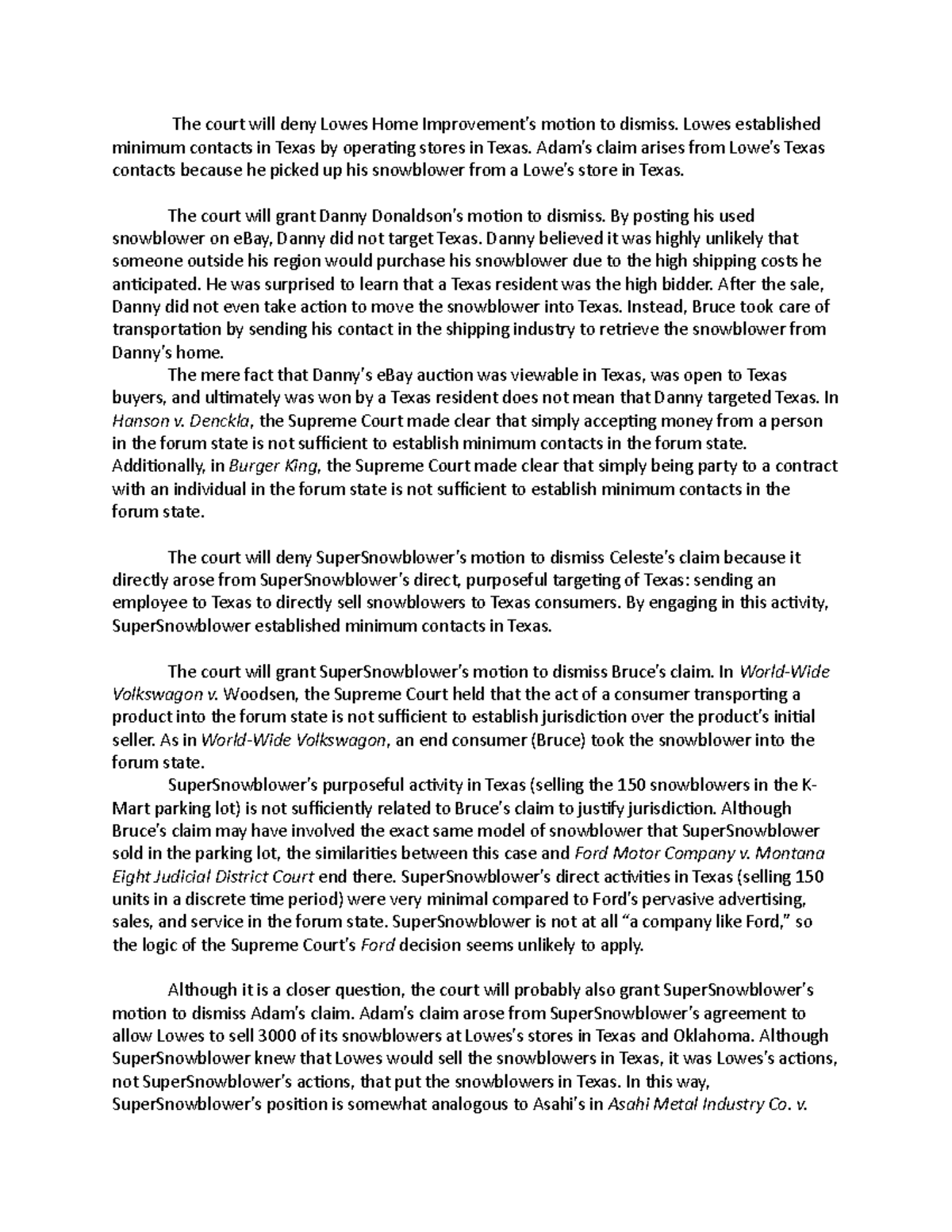 Legal Analysis of Personal Jurisdiction: Sample Essay - Studocu
