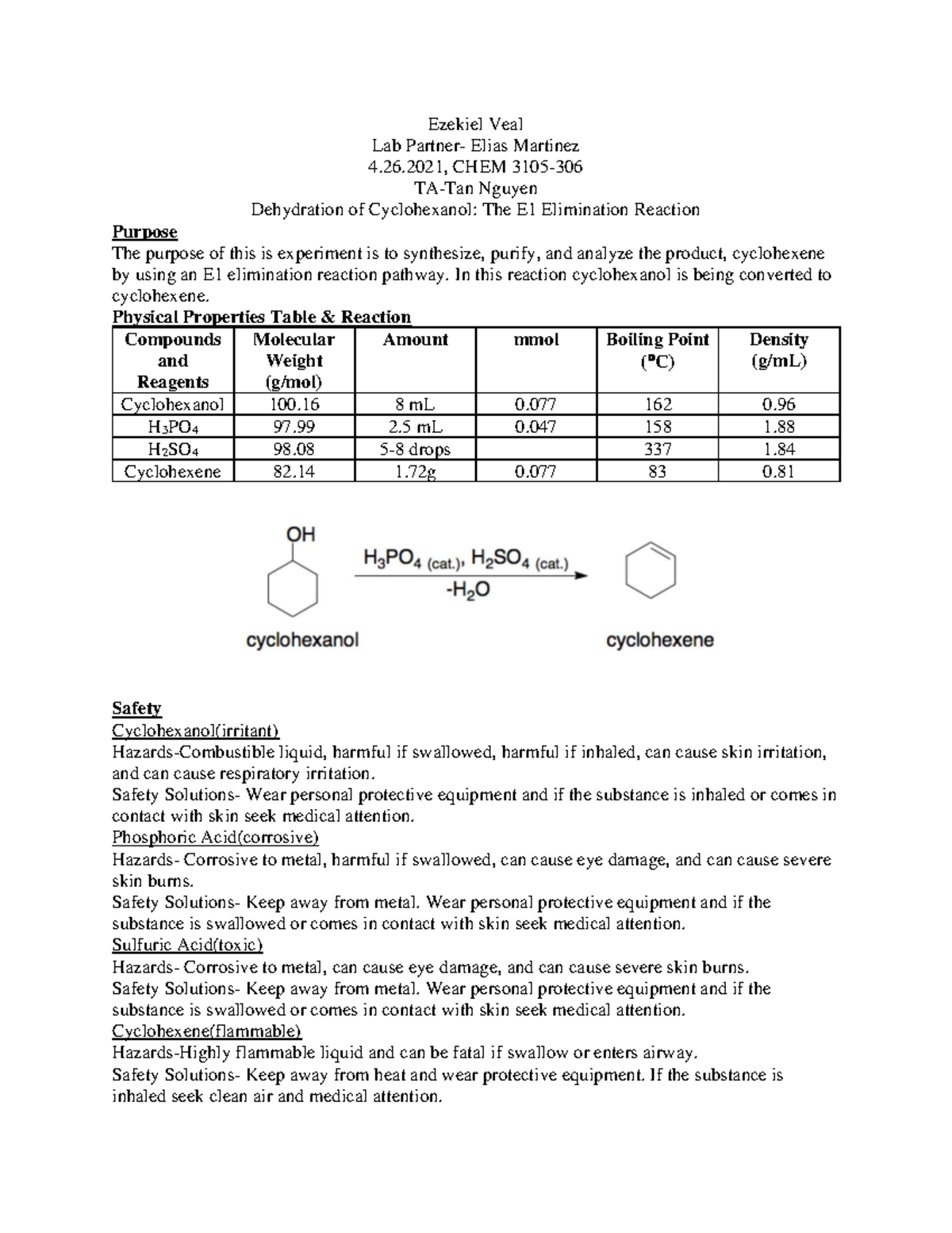 Ochem Lab Report 11: E1 Elimination Reaction of Cyclohexanol to ...
