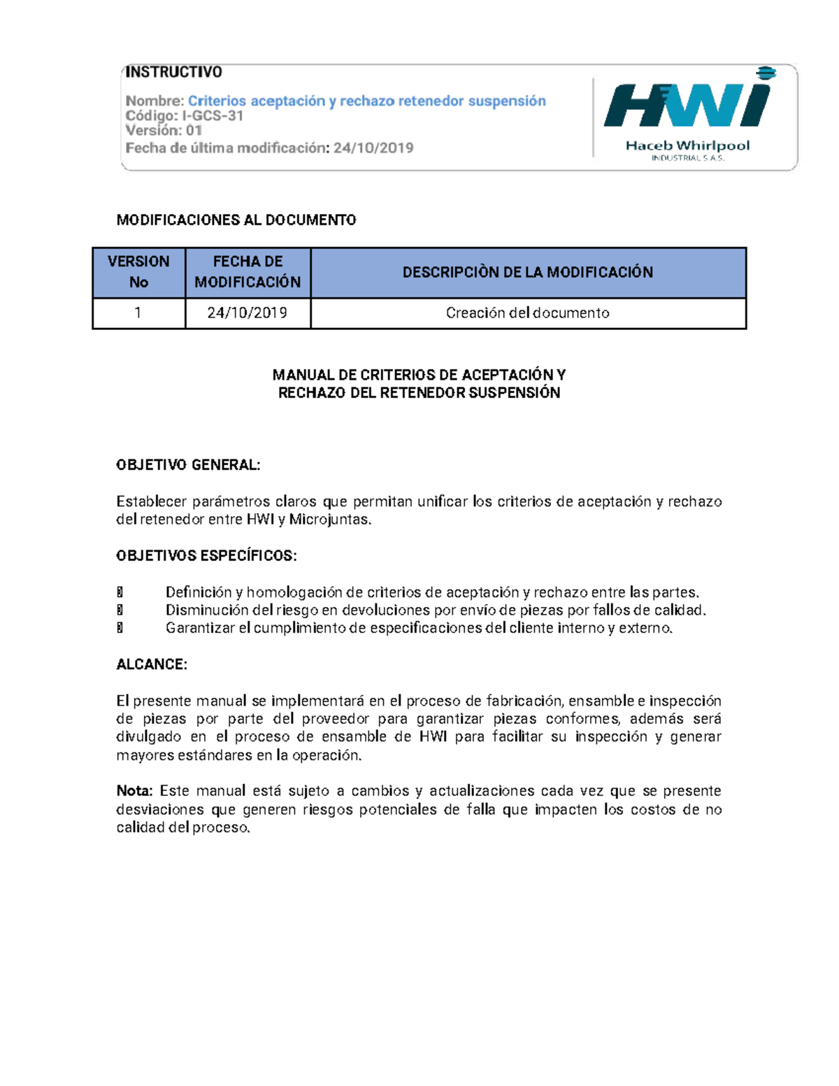 Manual de Criterios de Aceptación y Rechazo I-GCS-31 - Studocu