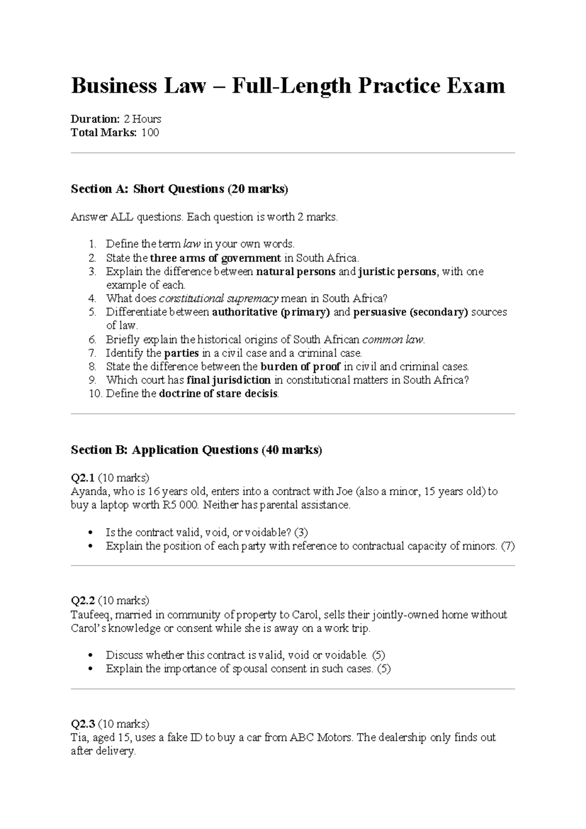 Business Law Practice Exam (BL 101) - Comprehensive Review - Studocu