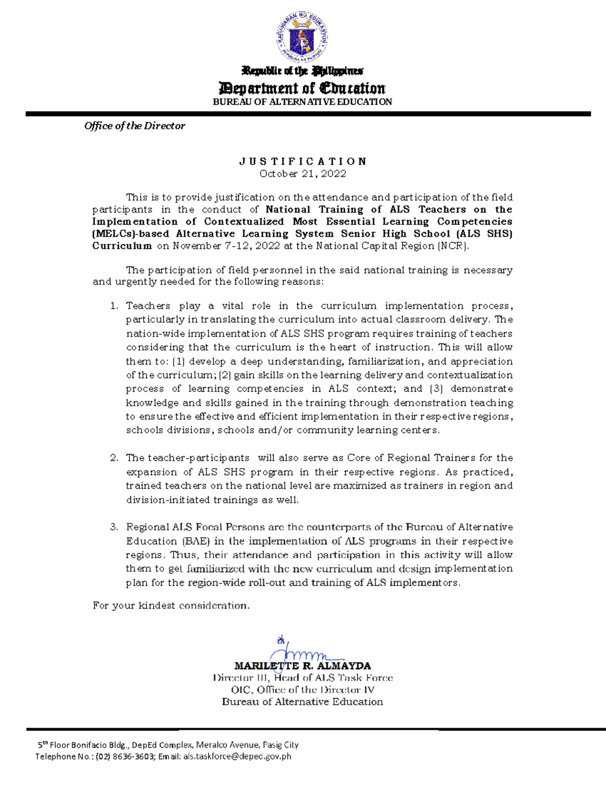 Justification for Attendance: ALS Training on MELCs - Nov 2022 - Studocu