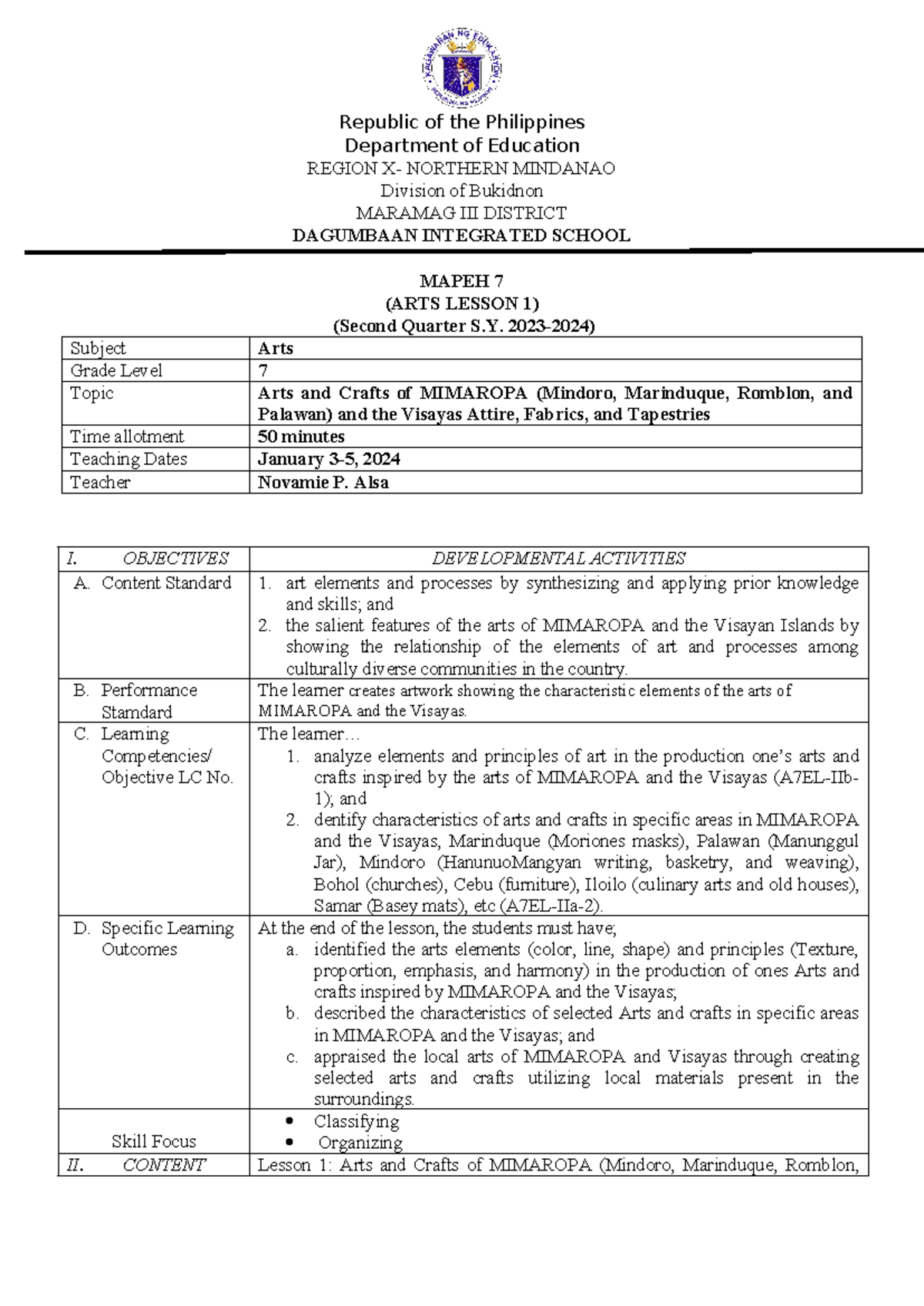 ARTS Q2 M1 LP - LESSON PLAN - Republic of the Philippines Department of ...