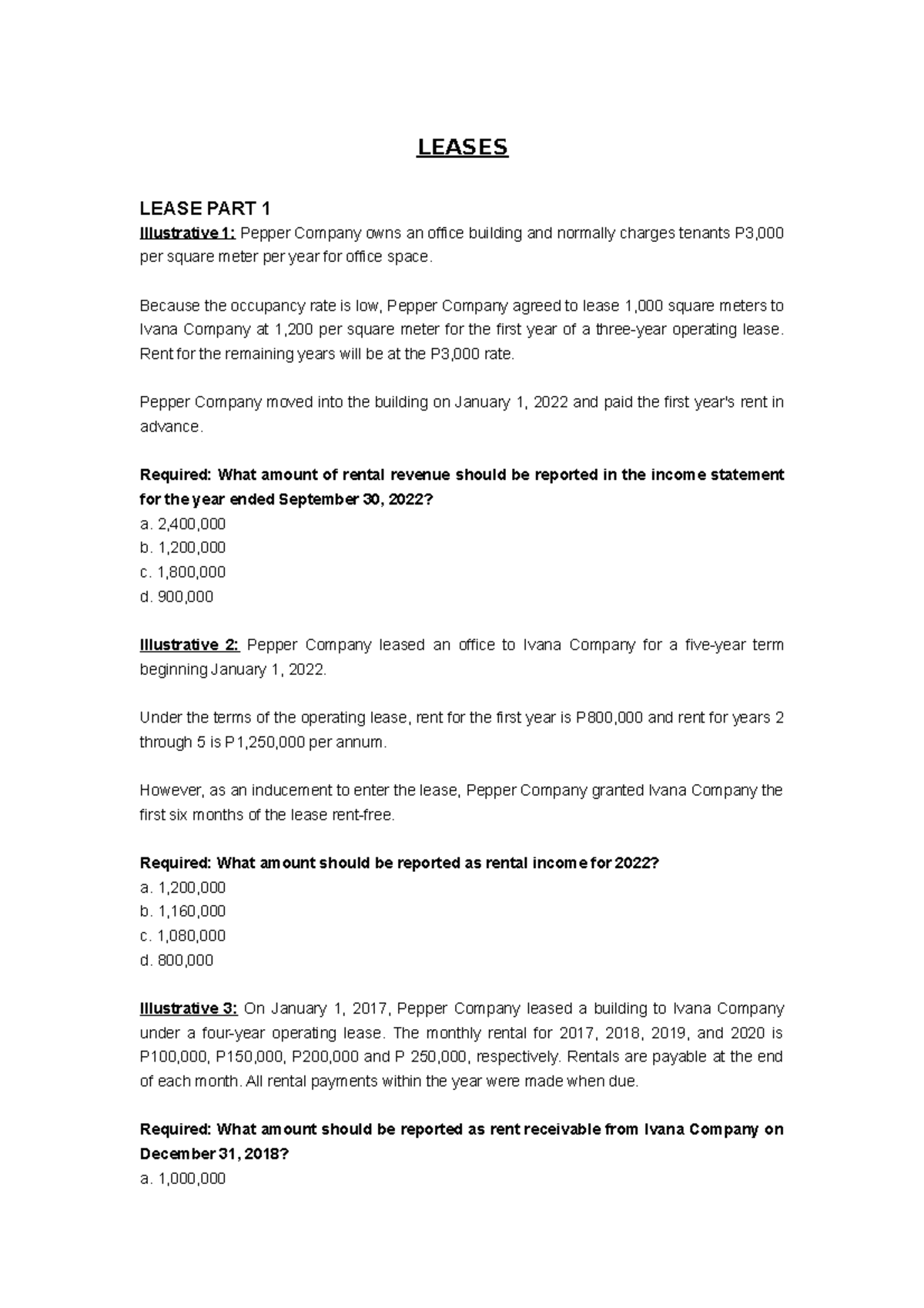 Leases - Practice Problems - LEASES LEASE PART 1 Illustrative 1: Pepper ...