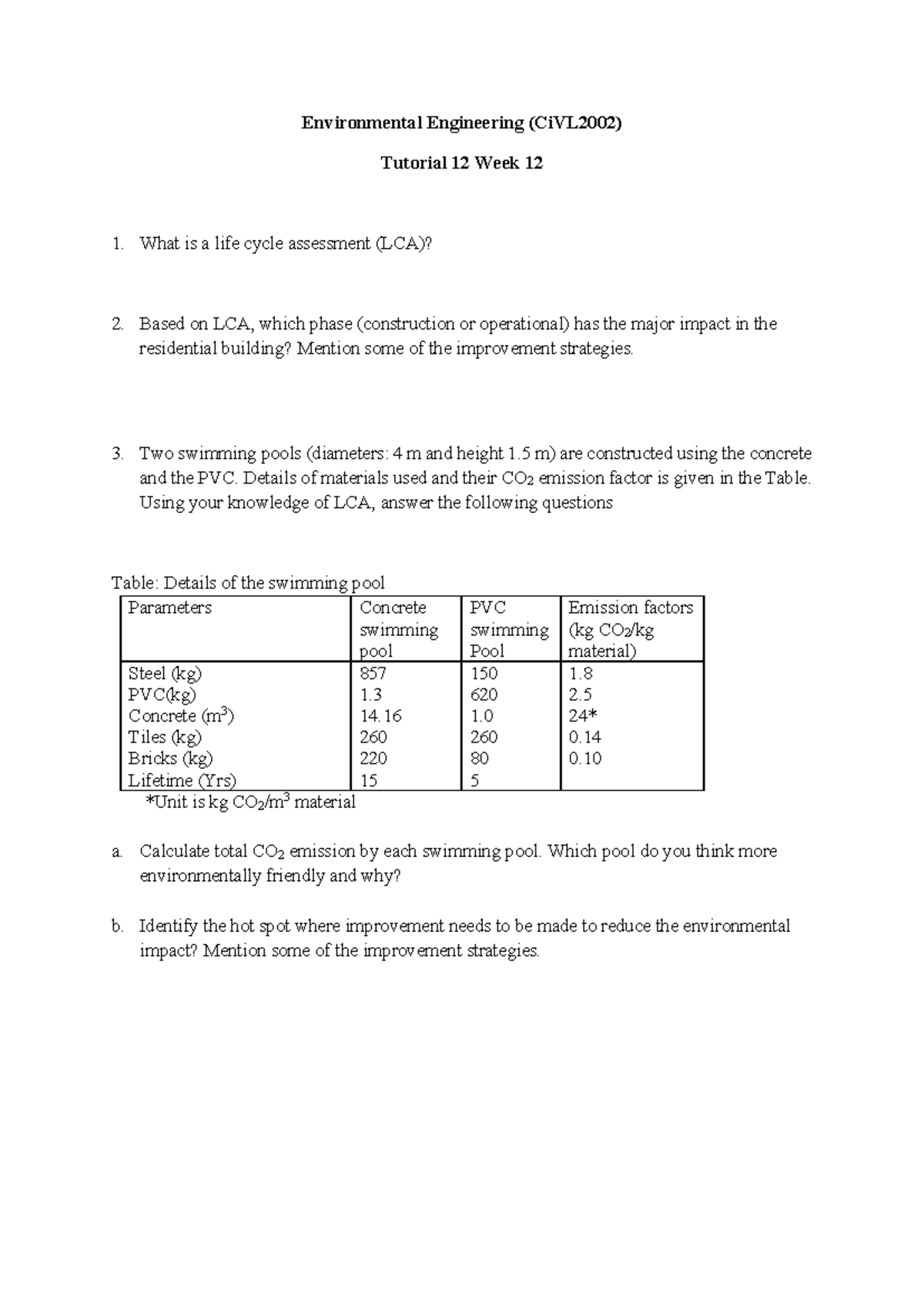 Environmental Engineering (CiVL2002) Tutorial Week 12: LCA Analysis ...
