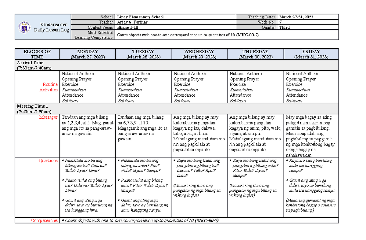 Kindergarten DLL Third Quarter Lesson Plan Q3W7: Numbers 1-10 - Studocu